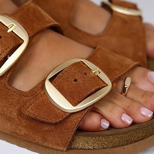 Suede Leather Sandals Women, Tan Sandals Women Leather, Handmade Double ...
