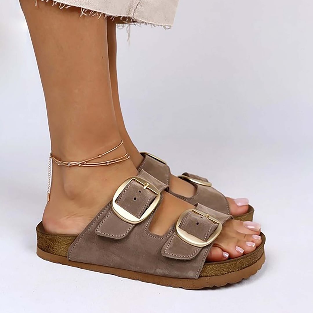 Double Buckle Slides Sandals, Mink Leather Sandals Women, Grey Sandals ...