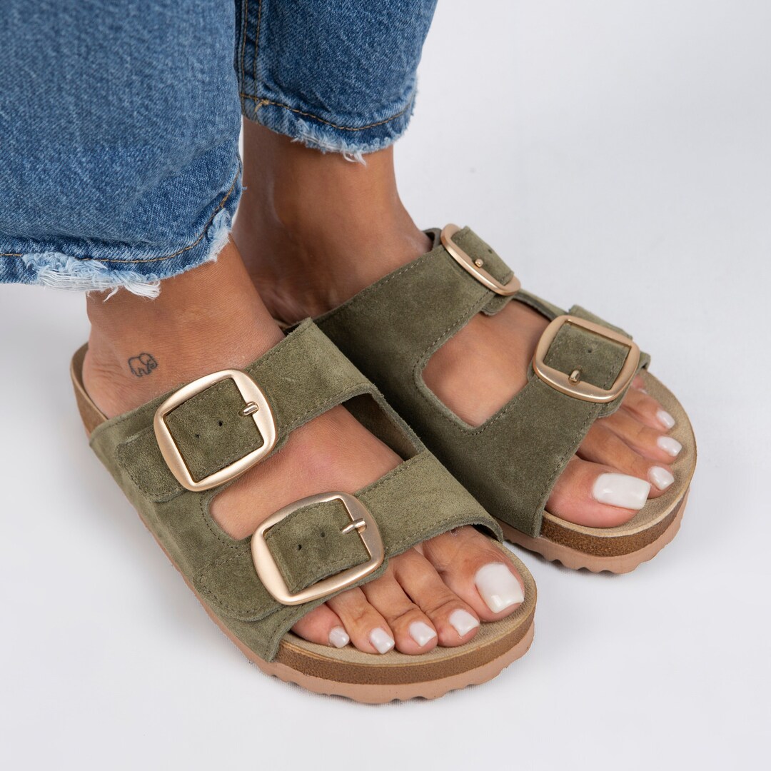 Khaki Double Buckle Slides Sandals, Suede Leather Sandals Women, Khaki ...