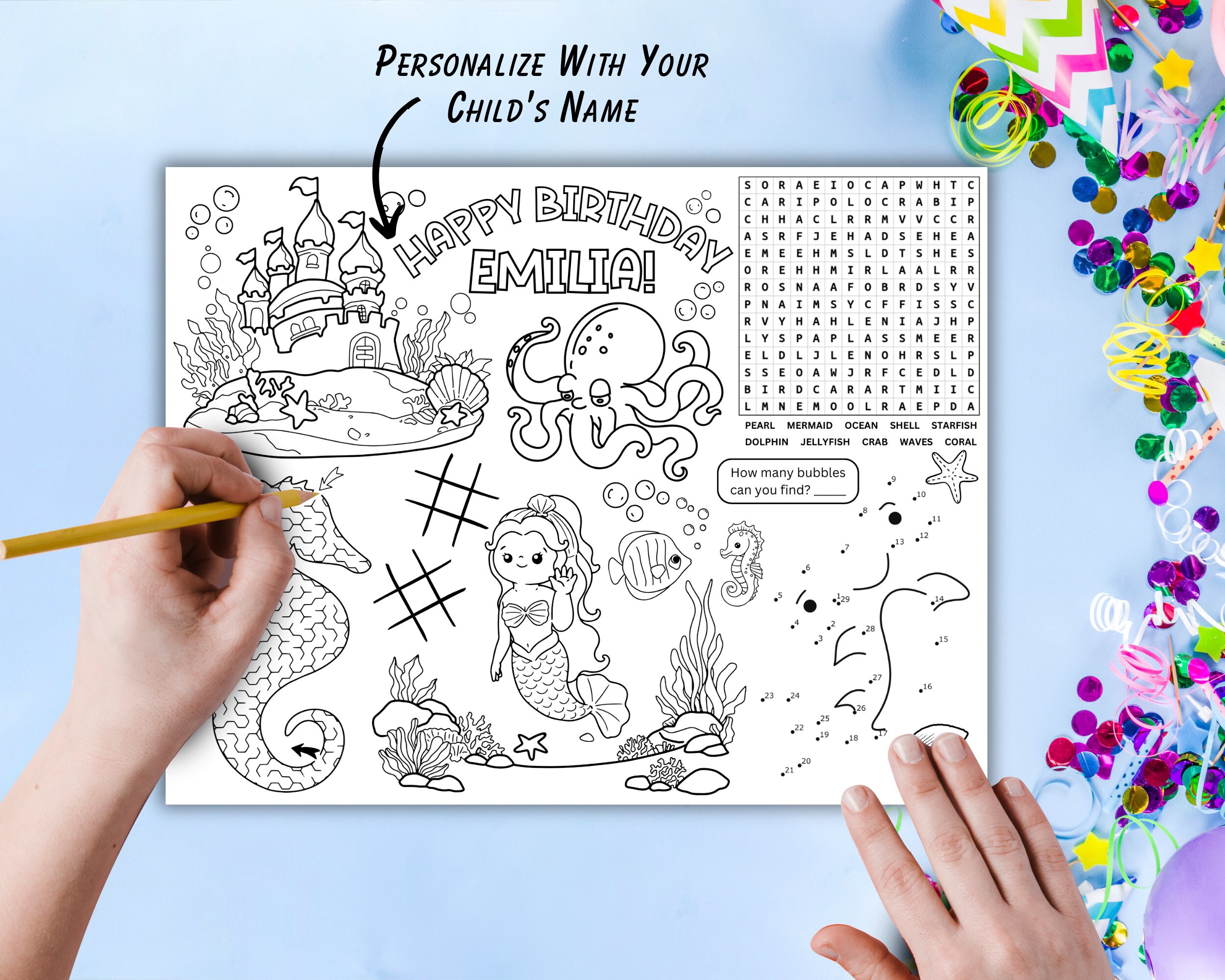 Personalized Mermaid Coloring Page, Printable Placemat for Kids ...