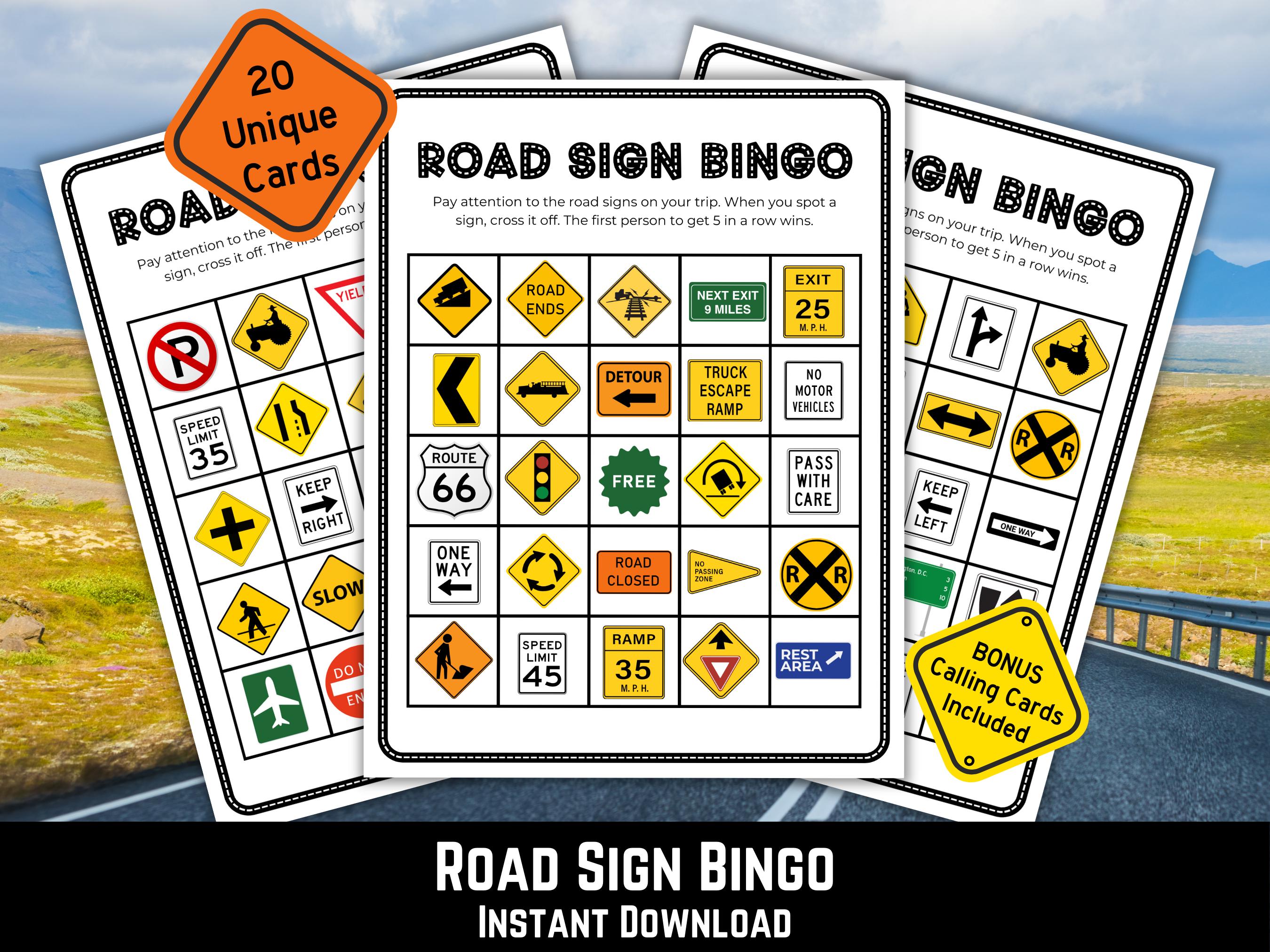 Road Sign Bingo Printable, Road Trip Bingo, Kids Road Trip Games ...