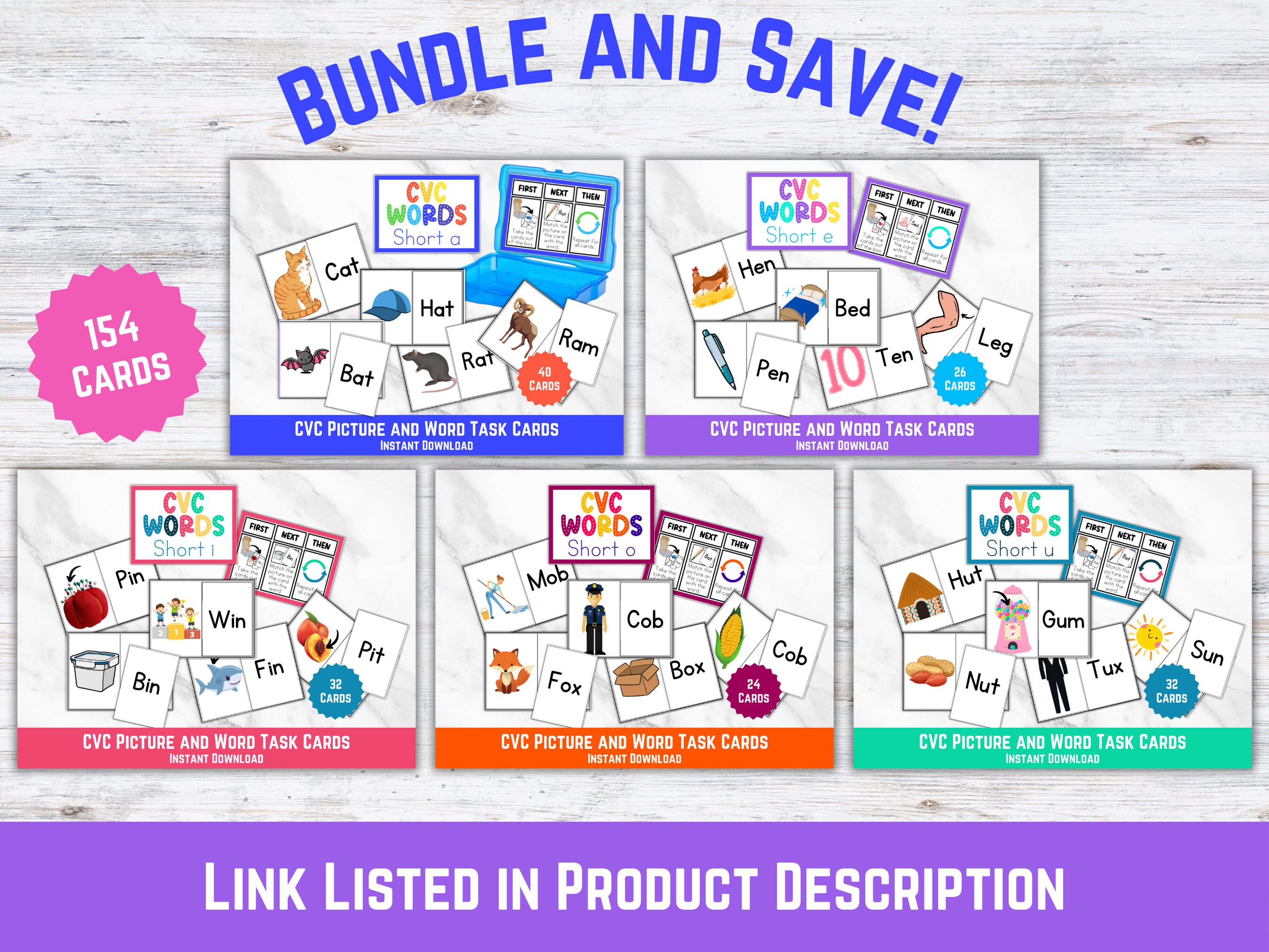 CVC Picture Match Task Cards, Short E Vowel Sound Activity, Printable ...