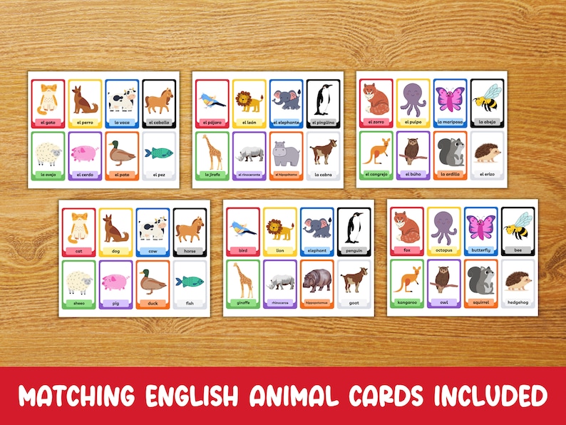 Printable Spanish and English Animal Flash Card, Bilingual Animal ...