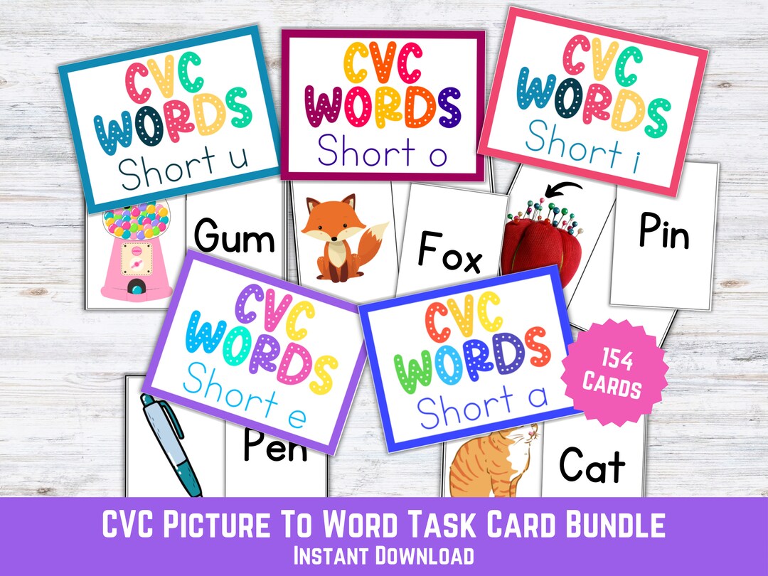 CVC Picture Match Task Cards: Short Vowel Phonics Game (digital ...