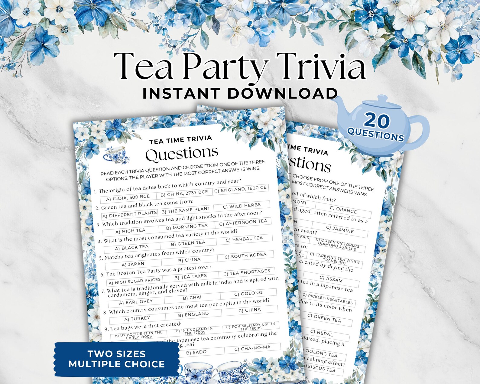 Tea Party Trivia Game Printable, Bridal Shower Tea Trivia, Printable ...
