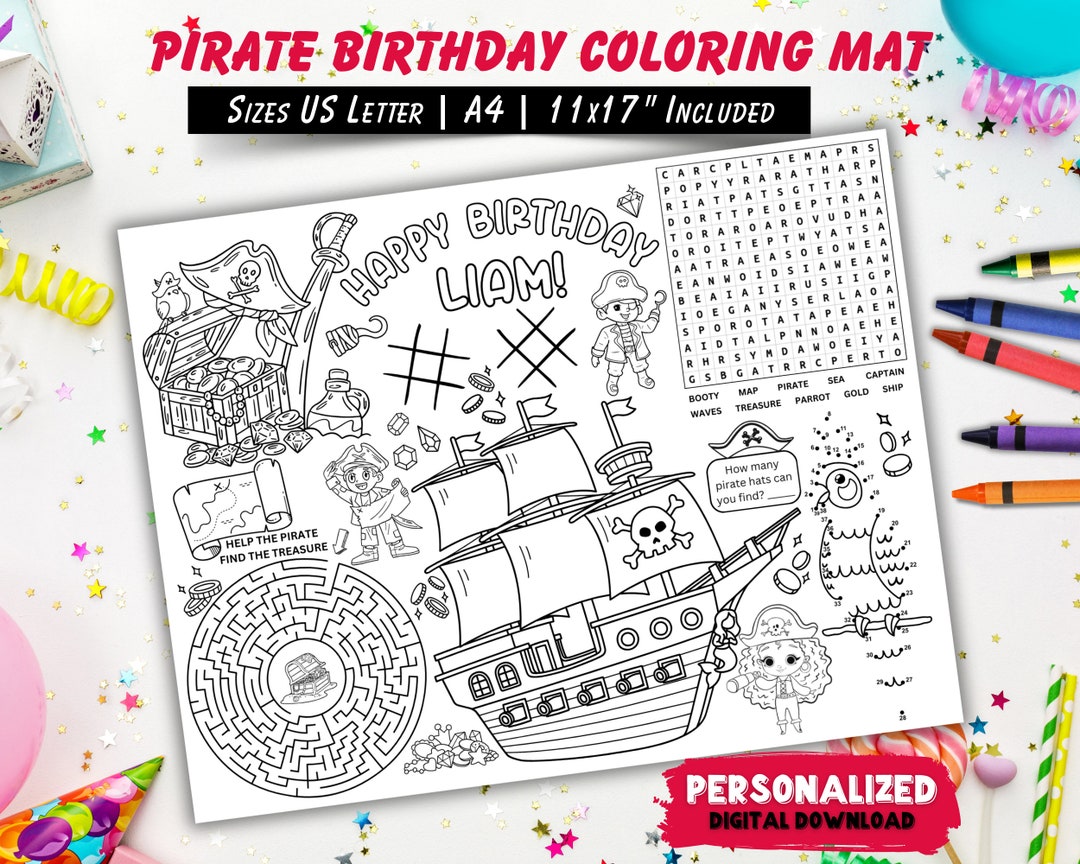 Personalized Pirate Coloring Placemat: Kids Birthday Party (digital ...