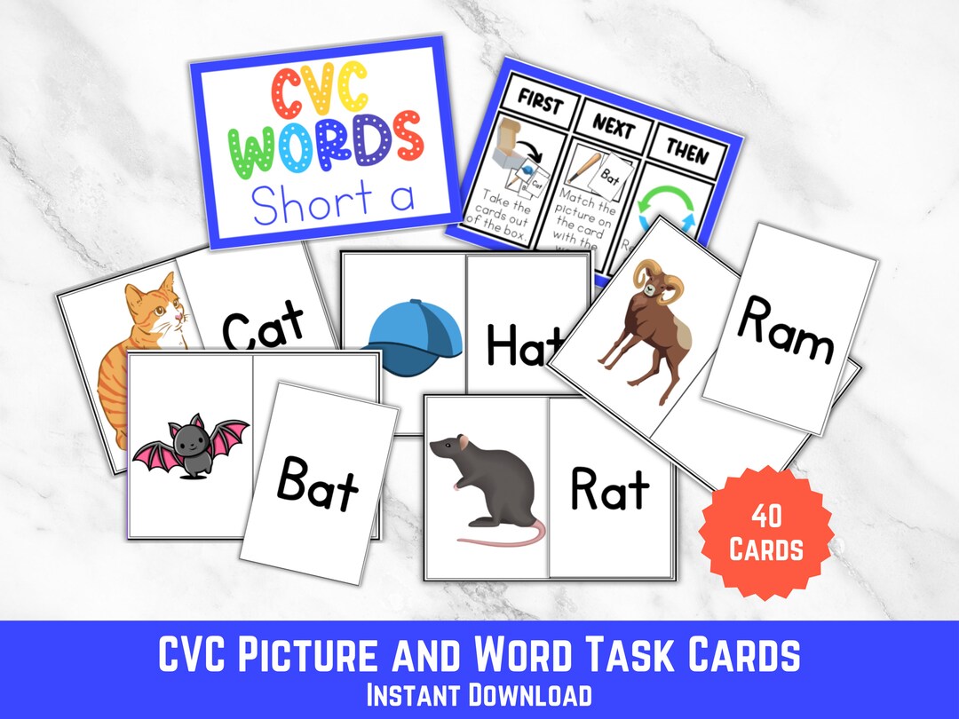 CVC Picture Match Task Cards, Short A Vowel Sound Activity, Printable ...