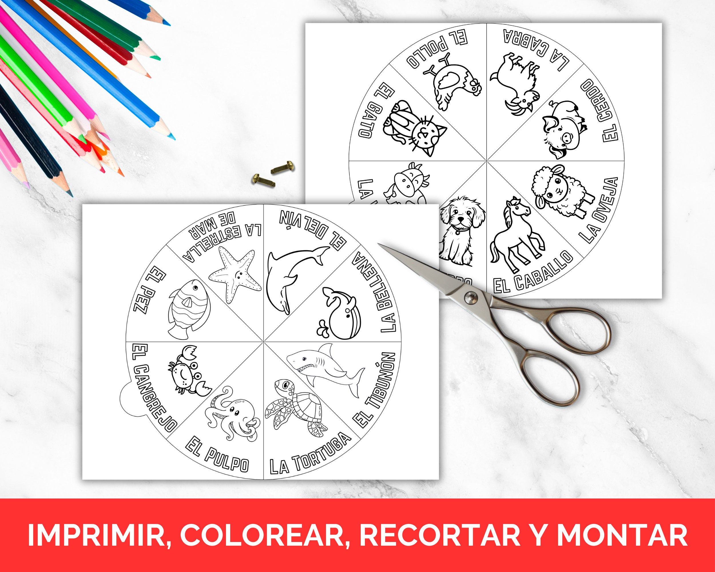 Los Animales Spinner Wheel Craft, Printable Spanish Flash Card Craft ...