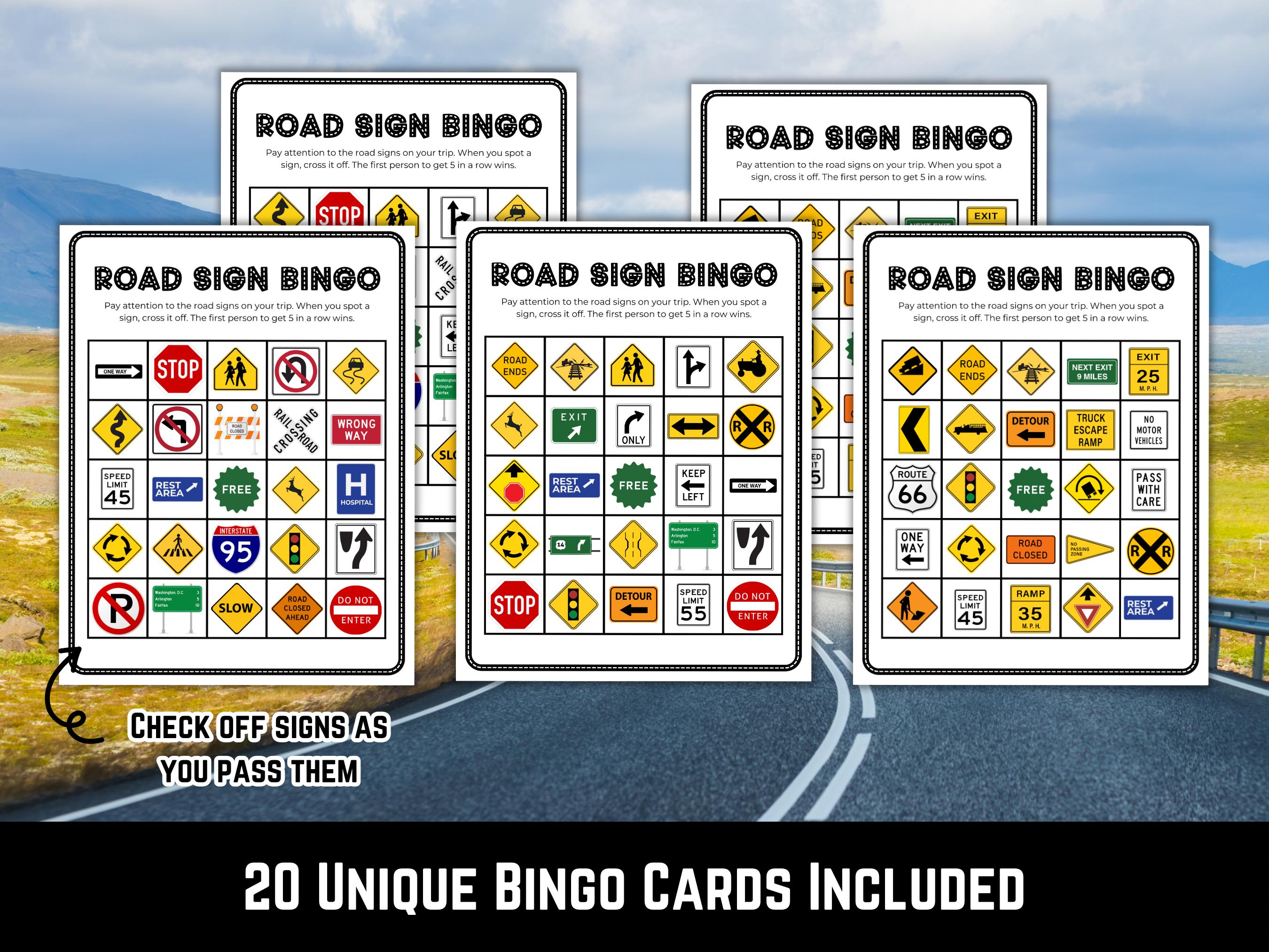 Road Sign Bingo Printable, Road Trip Bingo, Kids Road Trip Games ...