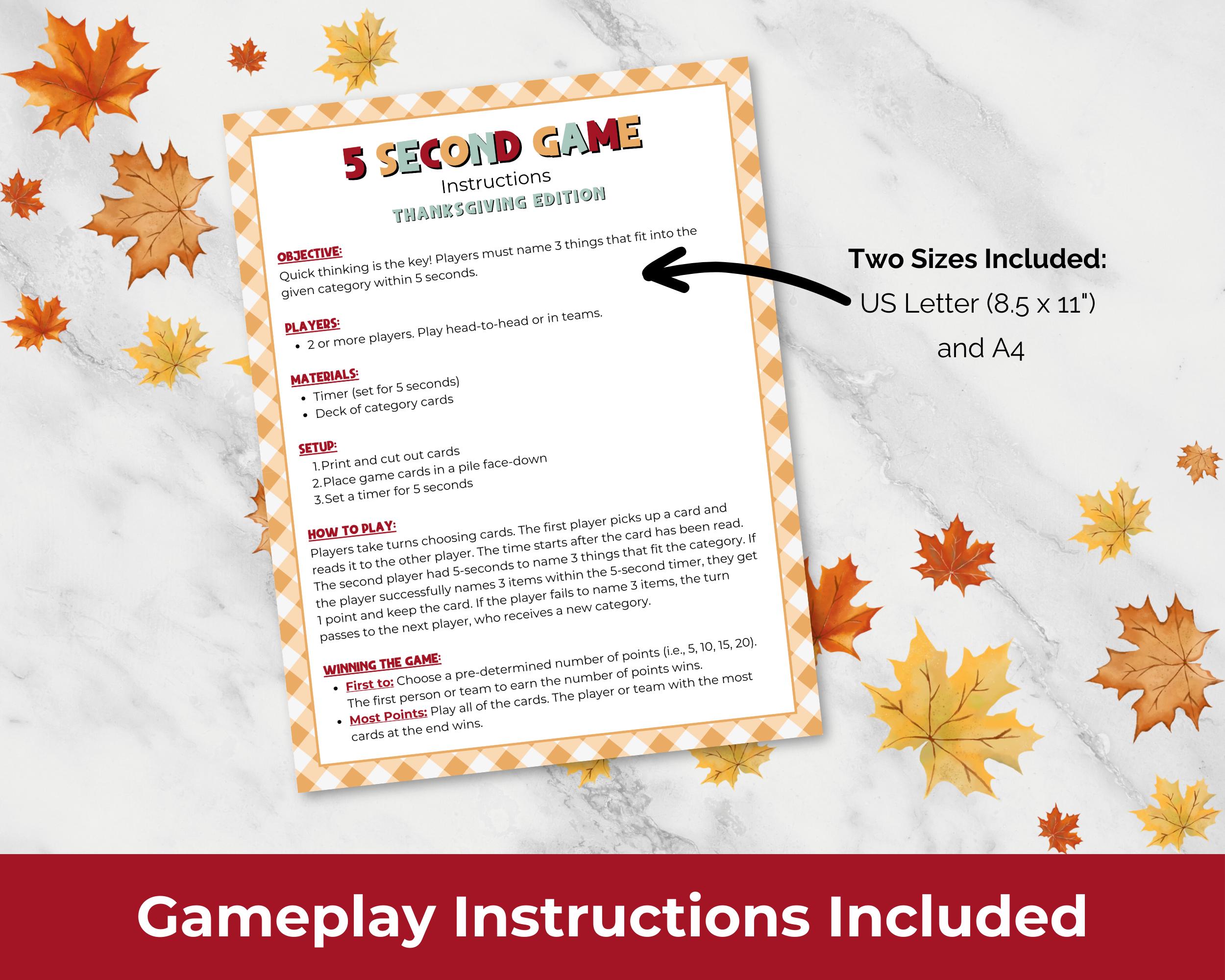 5 Second Game Thanksgiving, Think Fast Game Printable Thanksgiving ...