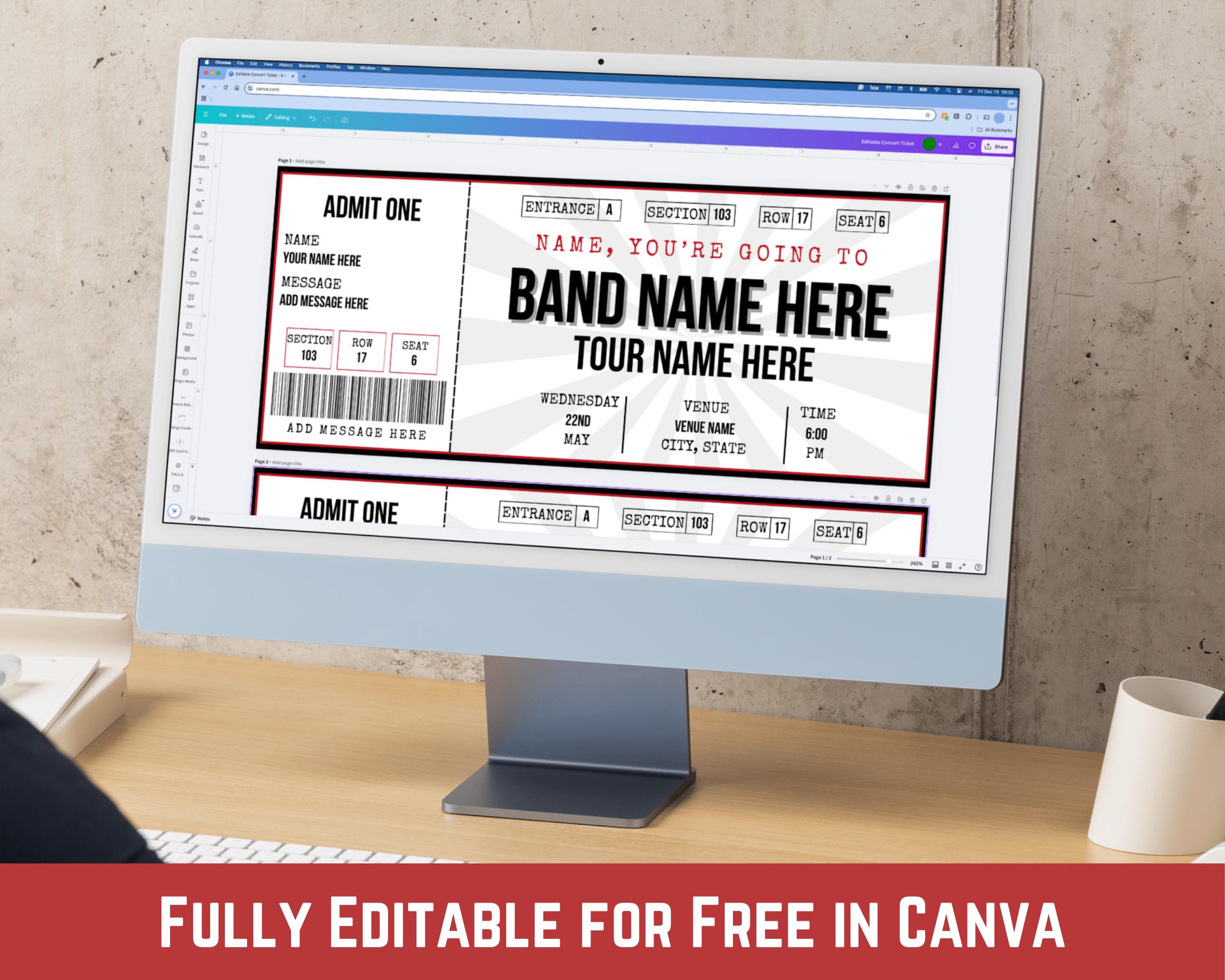 Editable Concert Ticket Template: DIY Surprise Gift (digital Download ...