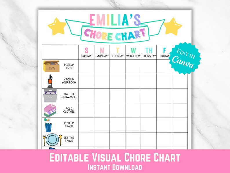 Visual Chore Chart, Printable Chore Chart, Visual Schedule for Kids ...