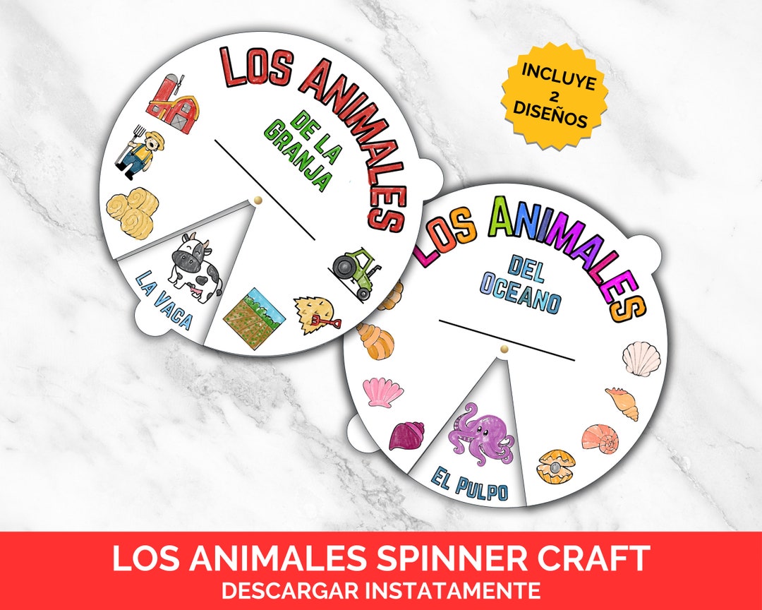 Los Animales Spinner Wheel Craft, Printable Spanish Flash Card Craft ...
