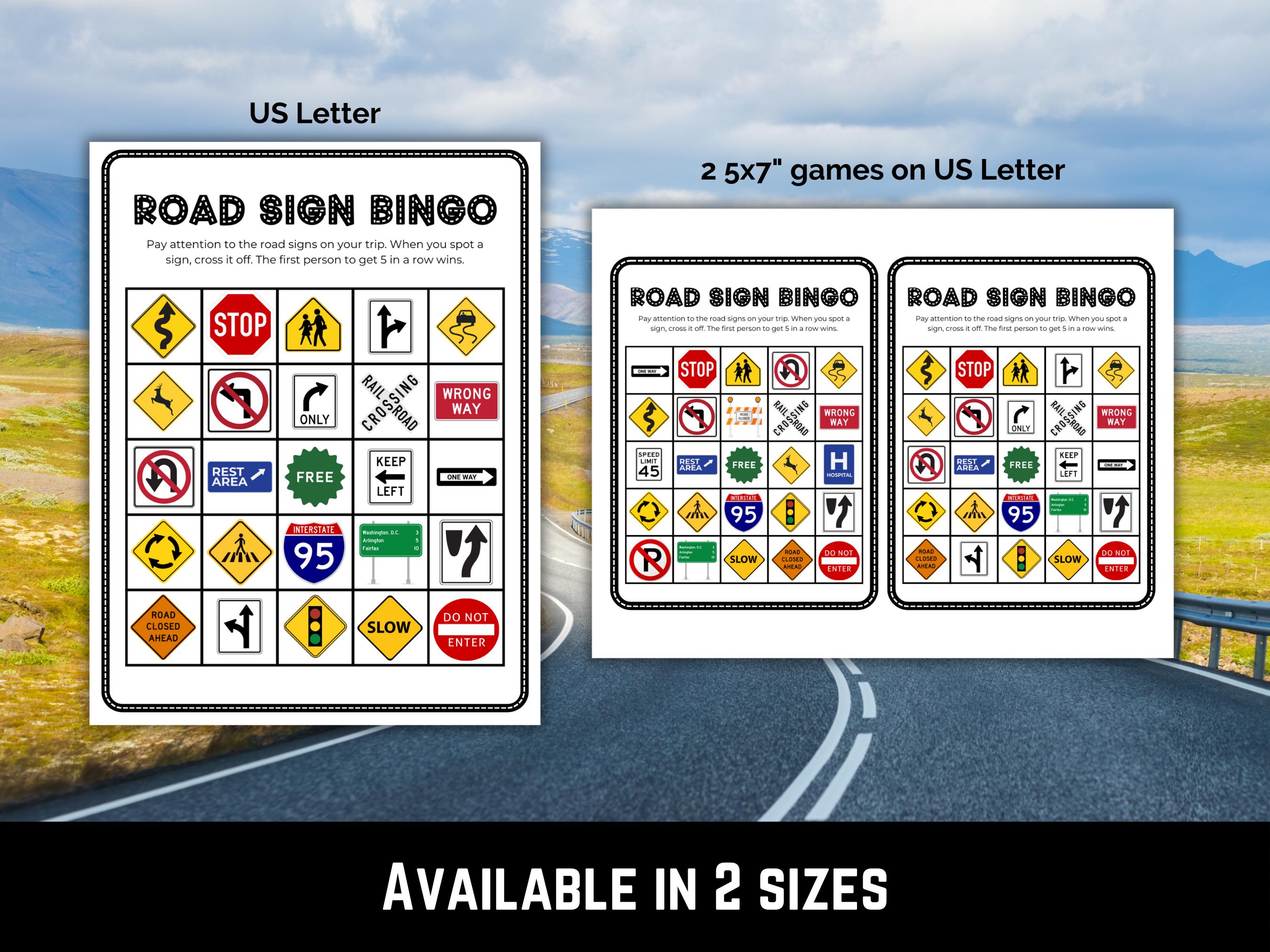 Road Sign Bingo Printable, Road Trip Bingo, Kids Road Trip Games ...