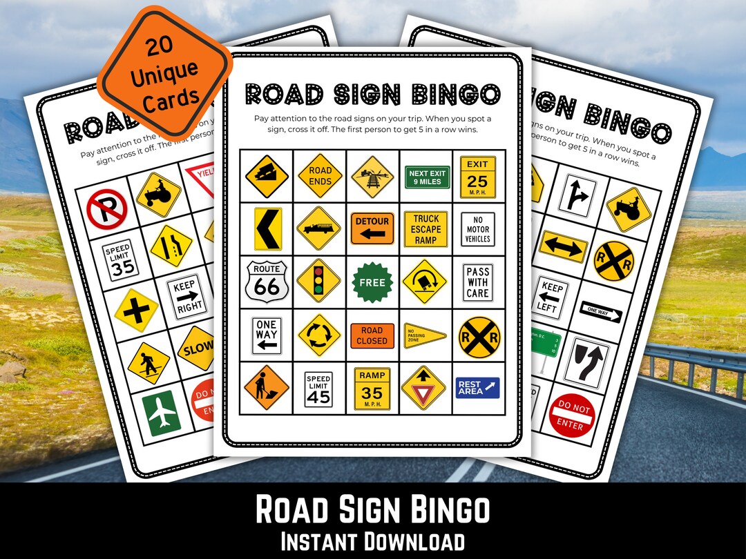 Road Sign Bingo Printable, Road Trip Bingo, Kids Road Trip Games ...