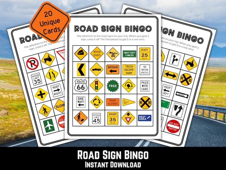 Road Sign Bingo Printable, Road Trip Bingo, Kids Road Trip Games ...
