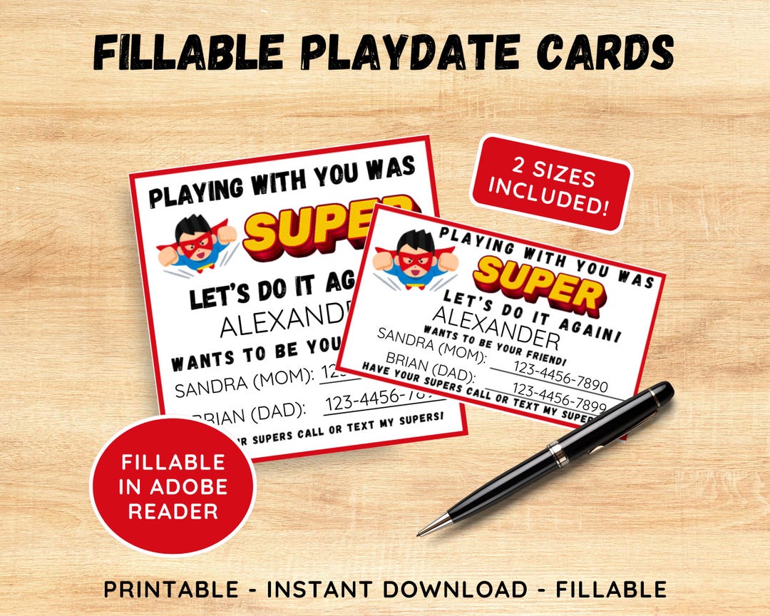 Superhero Playdate Cards: Fillable Kids Contact Cards (PDF) - Etsy