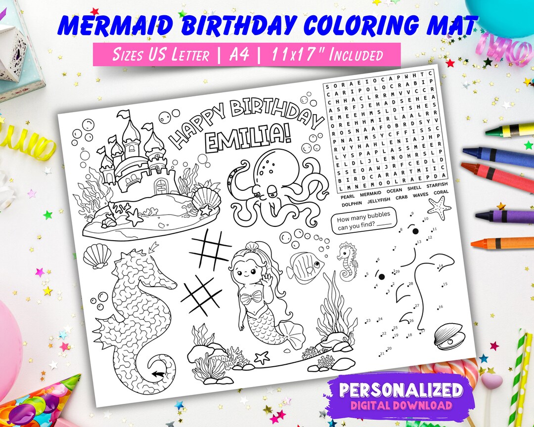 Personalized Mermaid Coloring Page, Printable Placemat for Kids ...