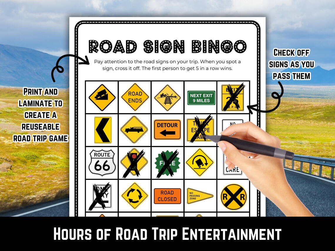 Road Sign Bingo Printable, Road Trip Bingo, Kids Road Trip Games ...