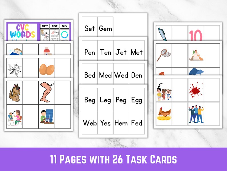 CVC Picture Match Task Cards, Short E Vowel Sound Activity, Printable ...