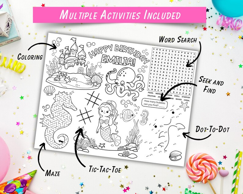 Personalized Mermaid Coloring Page, Printable Placemat for Kids ...