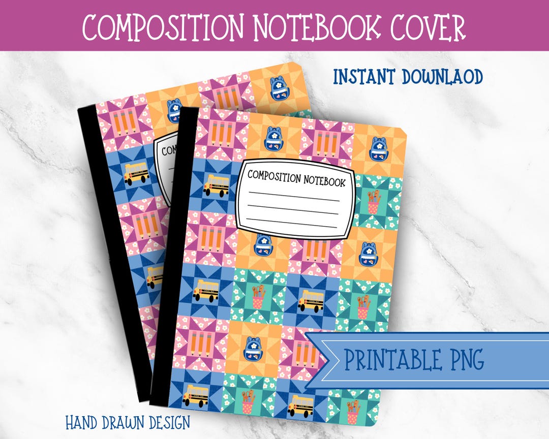 Printable Composition Notebook Cover PNG, Back to School PNG, Patchwork ...