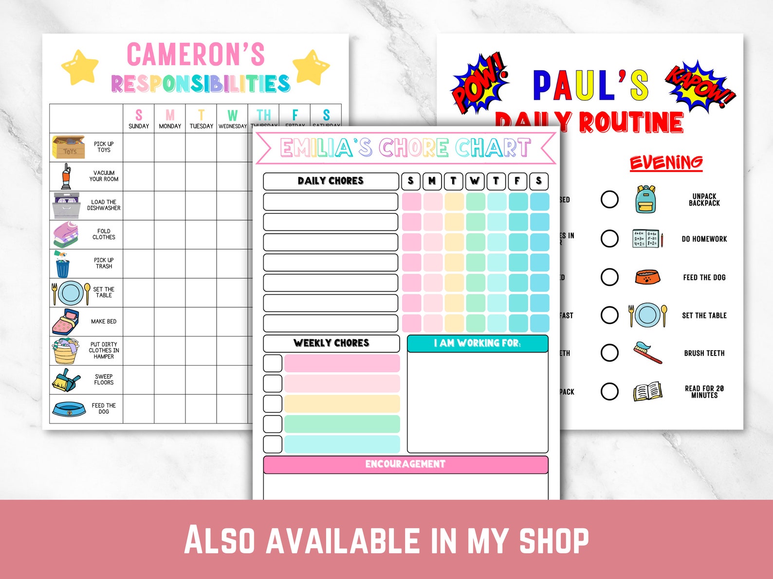 Chore Chart, Editable Daily & Weekly Kids Chore Responsibility Chart ...