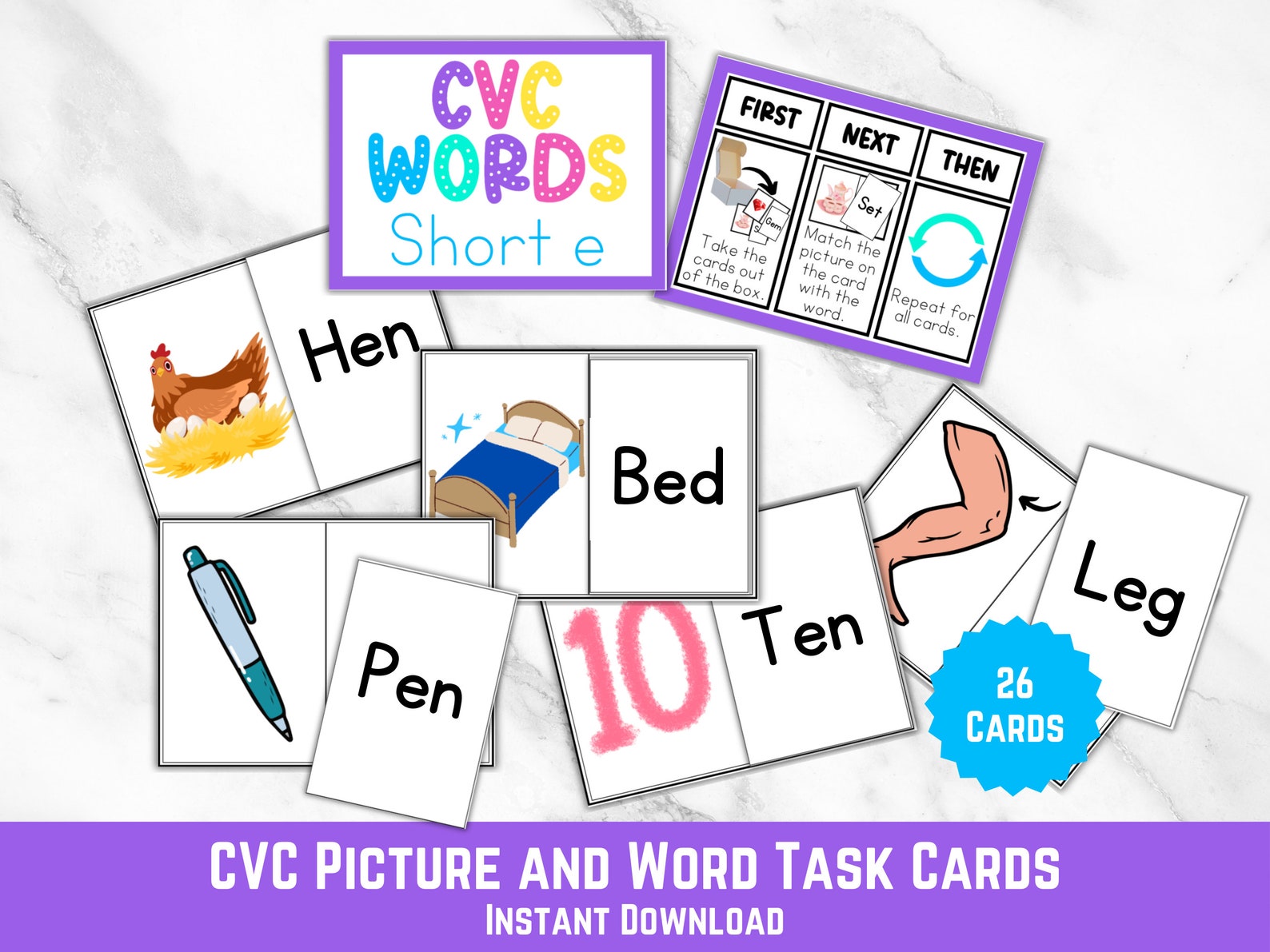 CVC Picture Match Task Cards, Short E Vowel Sound Activity, Printable ...