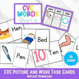 CVC Picture Match Task Cards, Short E Vowel Sound Activity, Printable ...