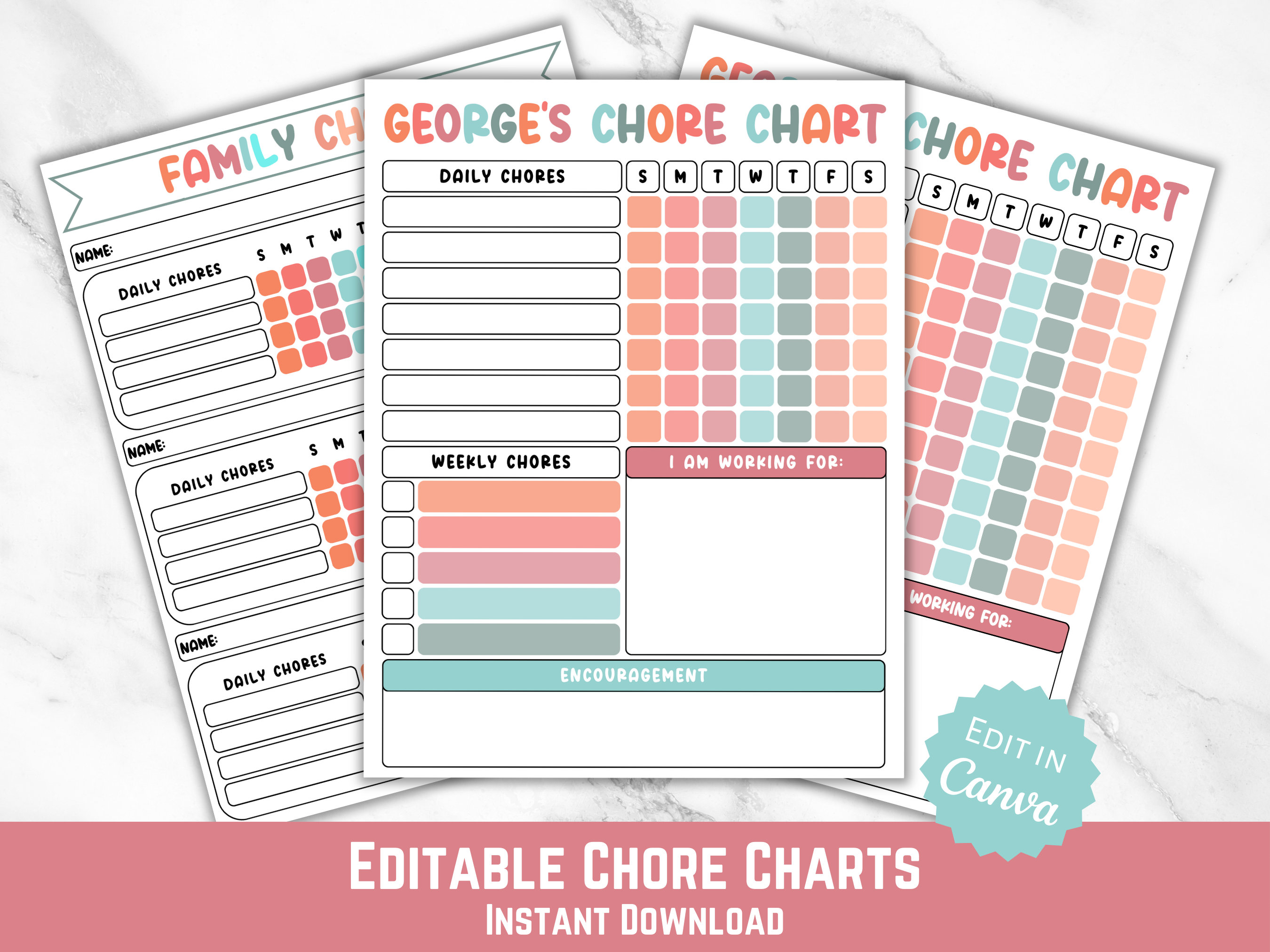 Chore Chart, Editable Daily & Weekly Kids Chore Responsibility Chart ...
