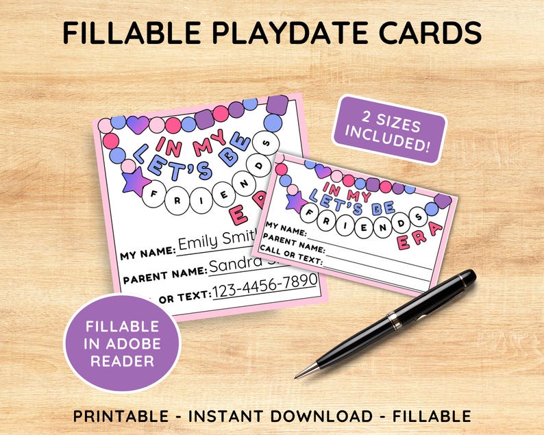 Kids Playdate Cards: Fillable Contact Invitation (PDF) - Etsy