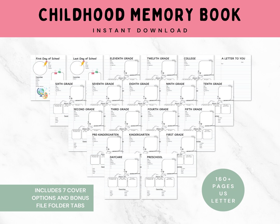 Childhood Memory Book Printable, School Memory Box Kit, Kids Keepsake ...