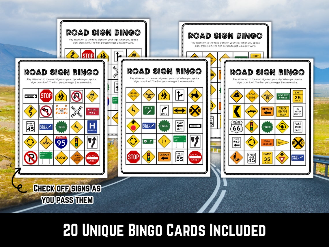 Road Sign Bingo Printable, Road Trip Bingo, Kids Road Trip Games ...