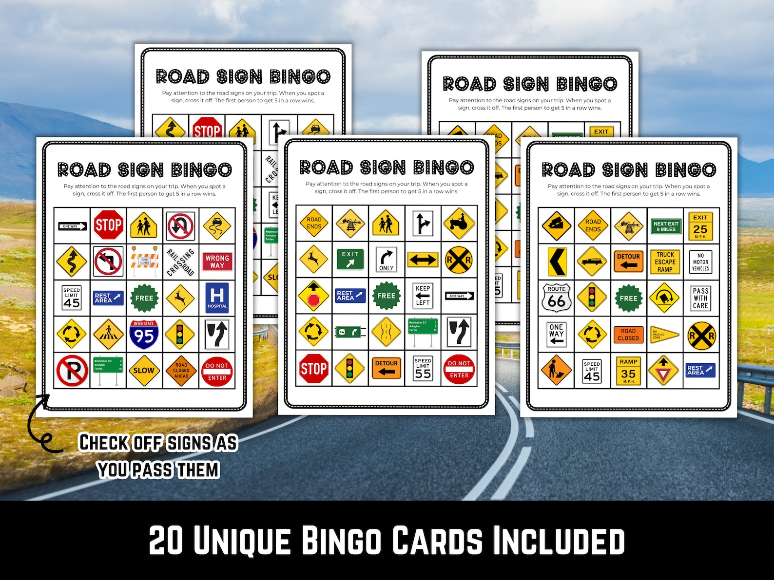 Road Sign Bingo Printable, Road Trip Bingo, Kids Road Trip Games ...