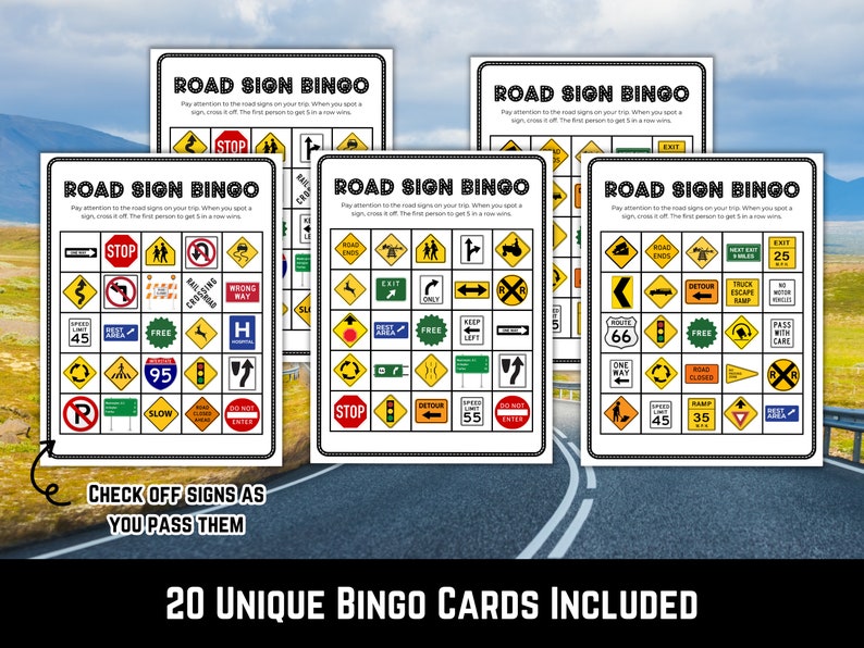 Road Sign Bingo Printable, Road Trip Bingo, Kids Road Trip Games ...