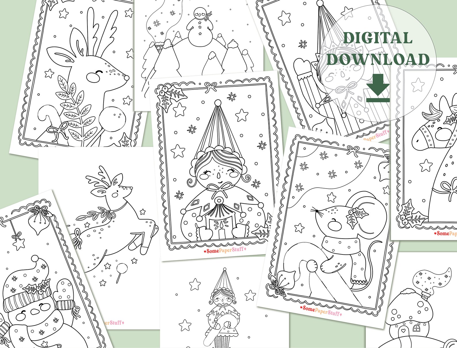 Christmas Coloring Pages, Printable Activity Sheets for Kids, 12 Pieces ...