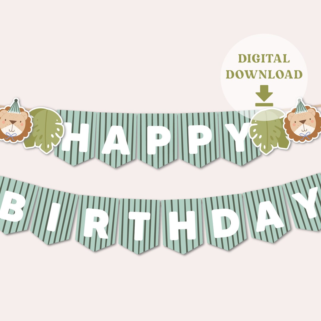 First Birthday Party Instant Download, Lion Themed Banner for Print at ...