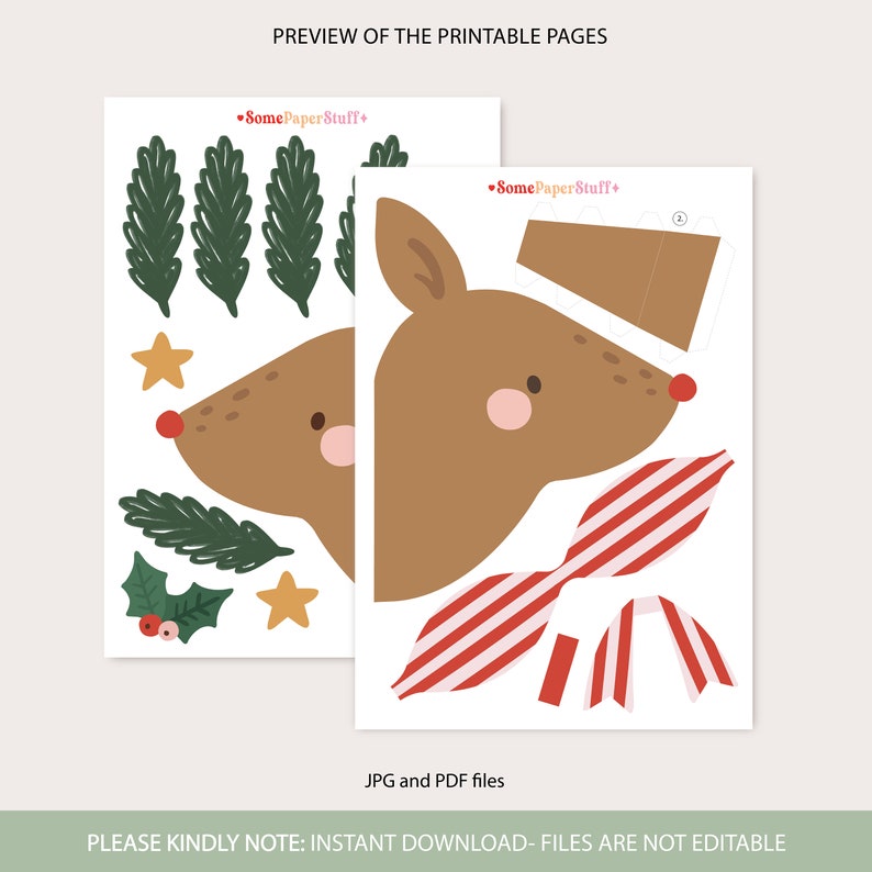 Reindeer Head, Printable 3D Paper Crafts, DIY Christmas Home Decor ...