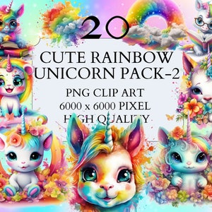 20 Cute Rainbow Unicorn Pack-2 Clipart PNG Full Commercial Use Fantasy ...