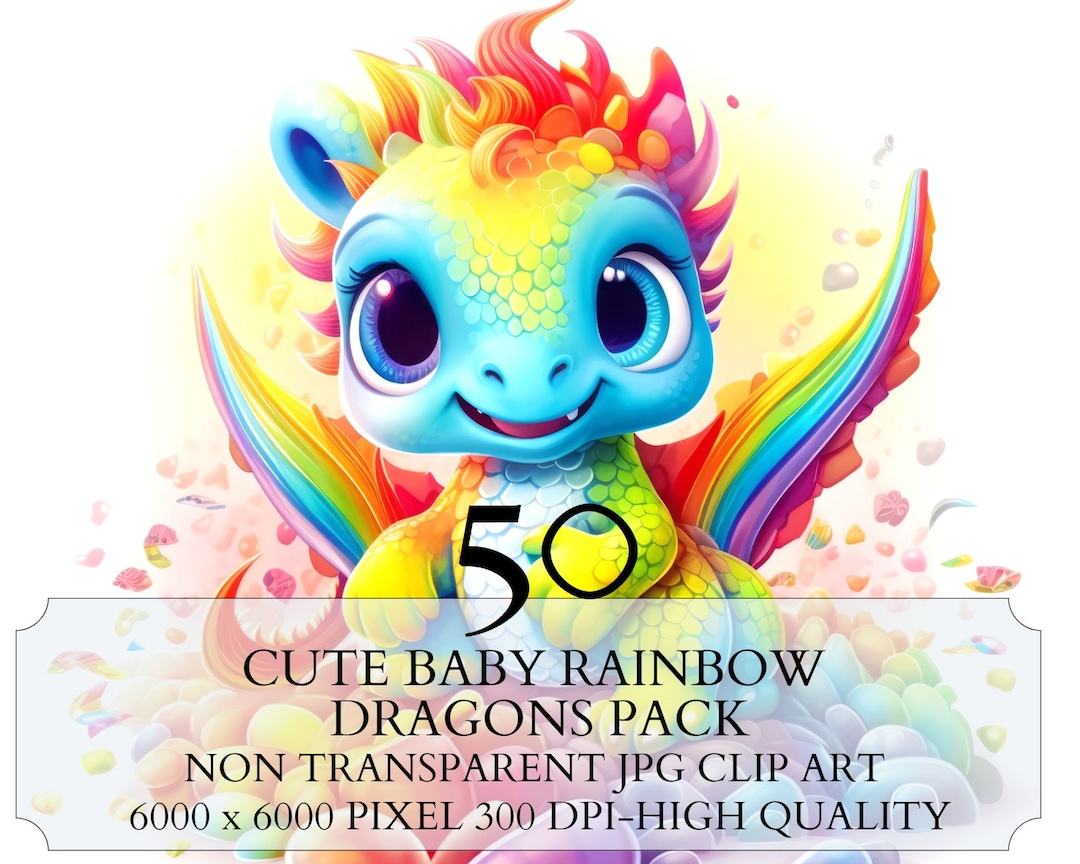50 Cute Baby Rainbow Dragon Pack Clipart | JPG | Full Commercial Use | Fantasy Clipart | Wall ...