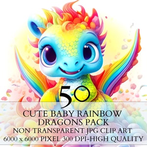 50 Cute Baby Rainbow Dragon Pack Clipart | JPG | Full Commercial Use ...
