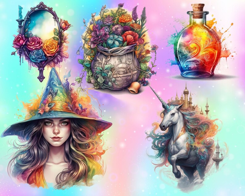 20 Rainbow Witch Pack 1 Clipart PNG Full Commercial Use - Etsy