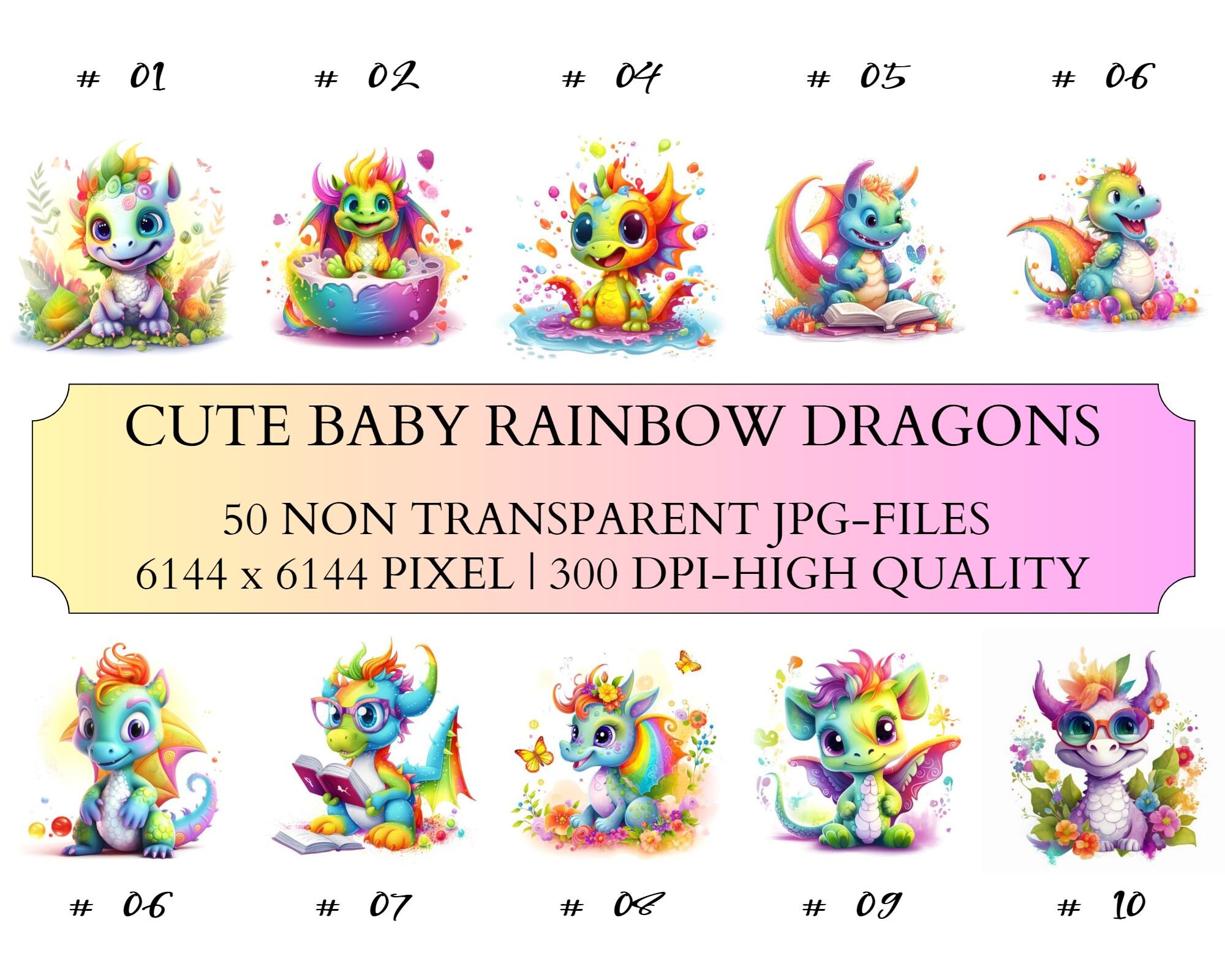 50 Cute Baby Rainbow Dragon Pack Clipart | JPG | Full Commercial Use ...