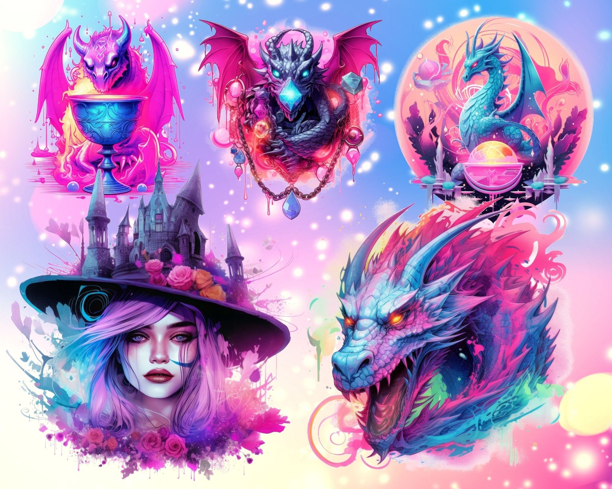 25 Neon Dragon Witch Pack-01 Clipart PNG Full Commercial Use Fantasy ...