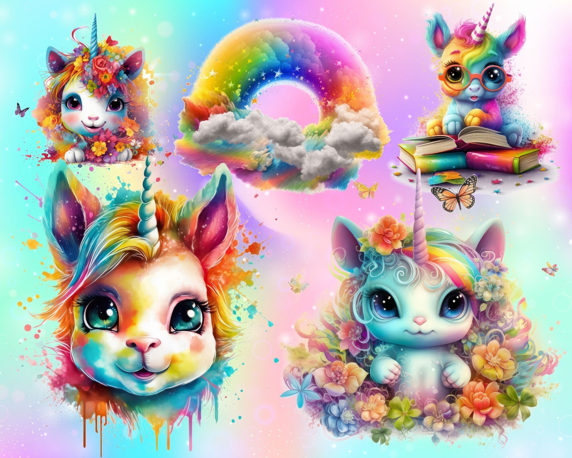 20 Cute Rainbow Unicorn Pack-2 Clipart | PNG | Full Commercial Use ...