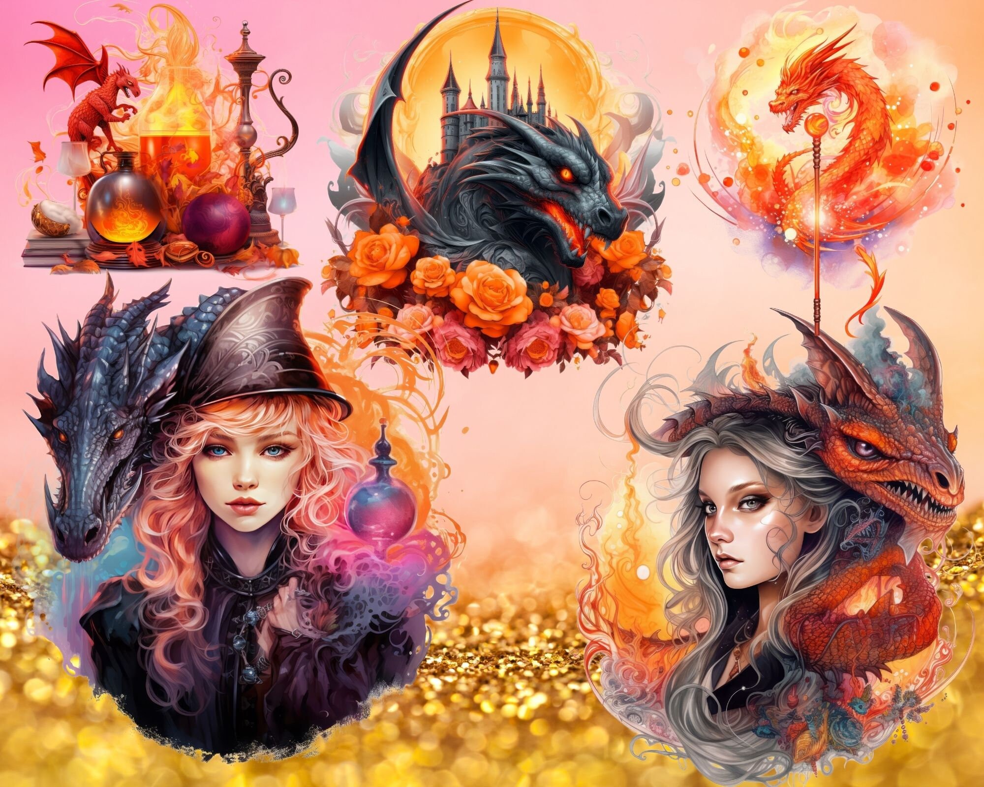 25 Sun Dragon Witch Pack-01 Clipart PNG Full Commercial Use Fantasy ...