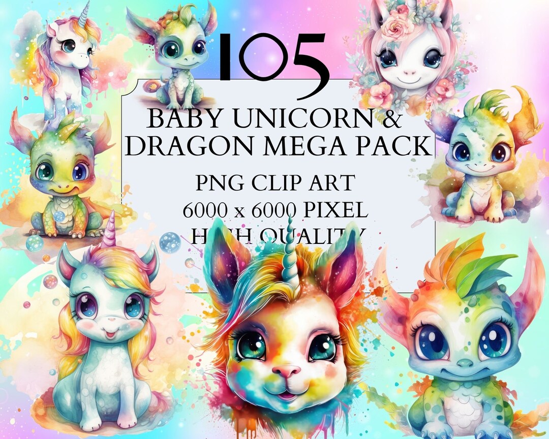 105 Cute Baby Unicorn and Dragon MEGA Pack Clipart | PNG | Full ...