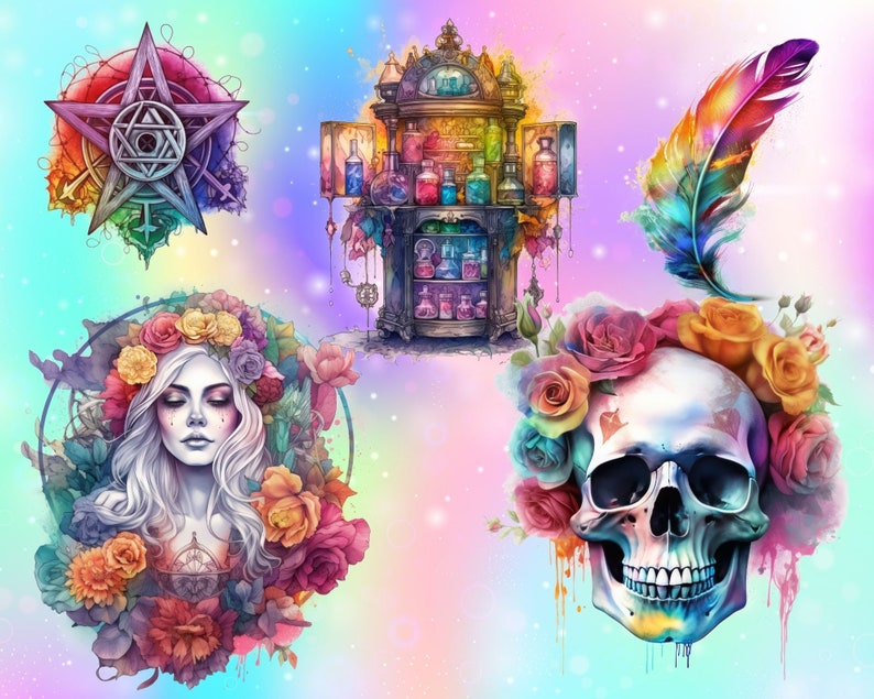 20 Rainbow Witch Pack 2 Clipart PNG Full Commercial Use Fantasy Clipart Witch Clipart Watercolor ...