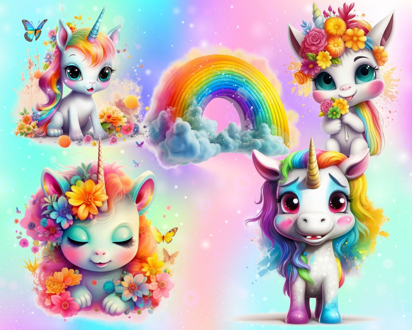 20 Cute Rainbow Unicorn Pack-2 Clipart | PNG | Full Commercial Use ...
