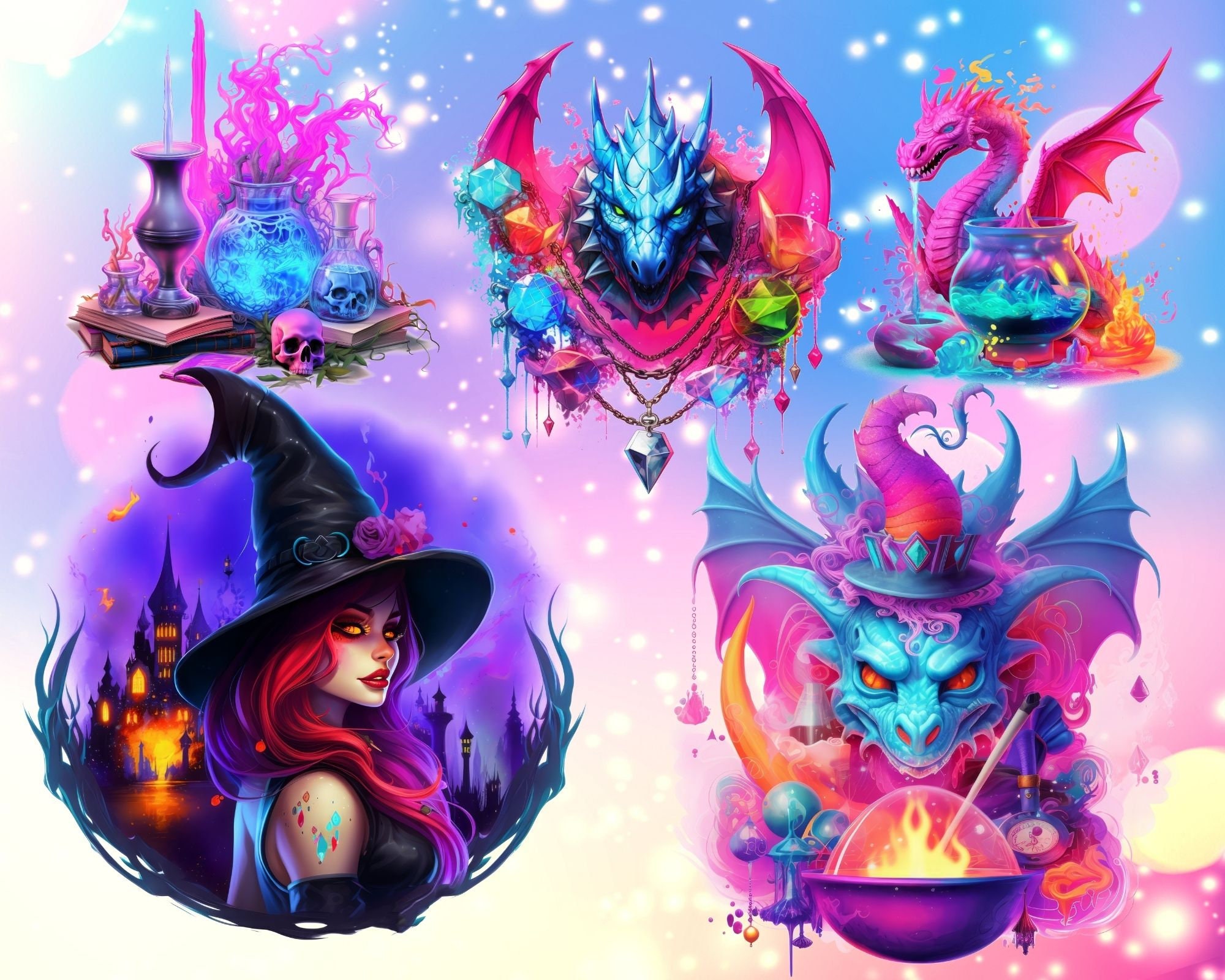 25 Neon Dragon Witch Pack-01 Clipart PNG Full Commercial Use Fantasy ...